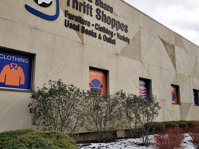 This multi-department thrift complex offers specialized shopping areas for every secondhand need.