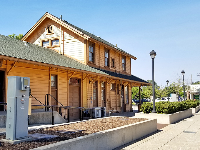 The warm yellow glow of Folsom's preserved train depot makes you want to buy a ticket to yesterday.