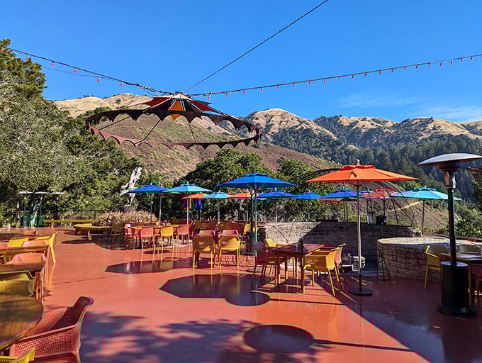 Perched high above the Pacific, this rainbow of umbrellas marks one of California's most spectacularly situated dining spots.