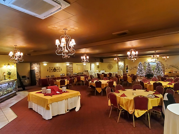 The banquet room stands ready for celebrations, its chandeliers and tablecloths promising memorable meals for generations of special occasions.