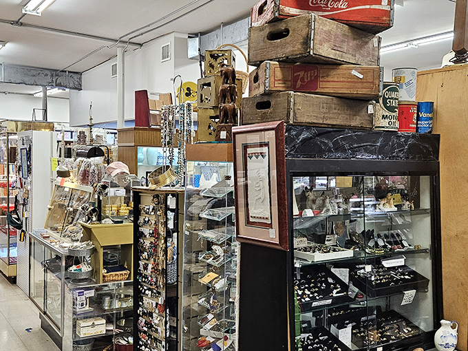 Vintage jewelry and trinkets galore! One person's forgotten accessory becomes another's conversation-starting treasure in this glittering display case.
