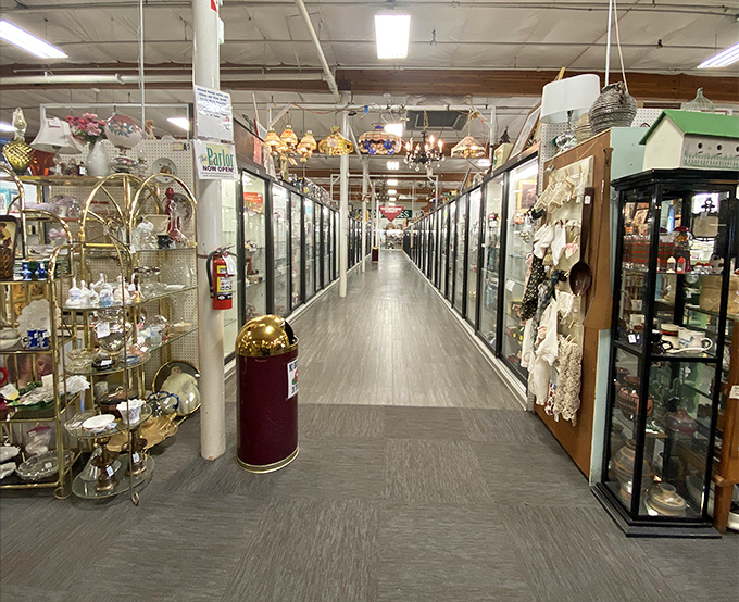 The corridor of glass cases&mdash;like a museum where everything has a price tag. Treasures protected, yet tantalizingly within reach.