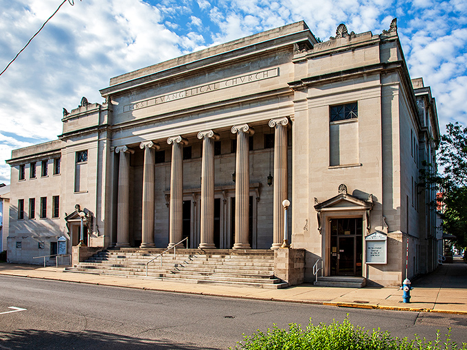 The Albright Center's classical columns speak to Sunbury's appreciation for arts and culture, enriching retirement years without emptying savings accounts.