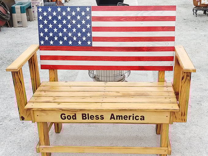 Patriotism you can actually sit on! This handcrafted American flag bench offers rest for weary shoppers and photo ops for proud Americans.