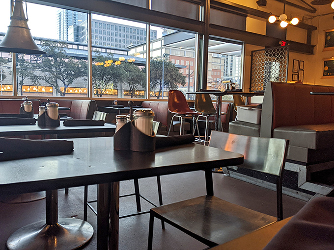 Early morning at 24 Diner offers a front-row seat to Austin waking up. Coffee tastes better with a side of city skyline.