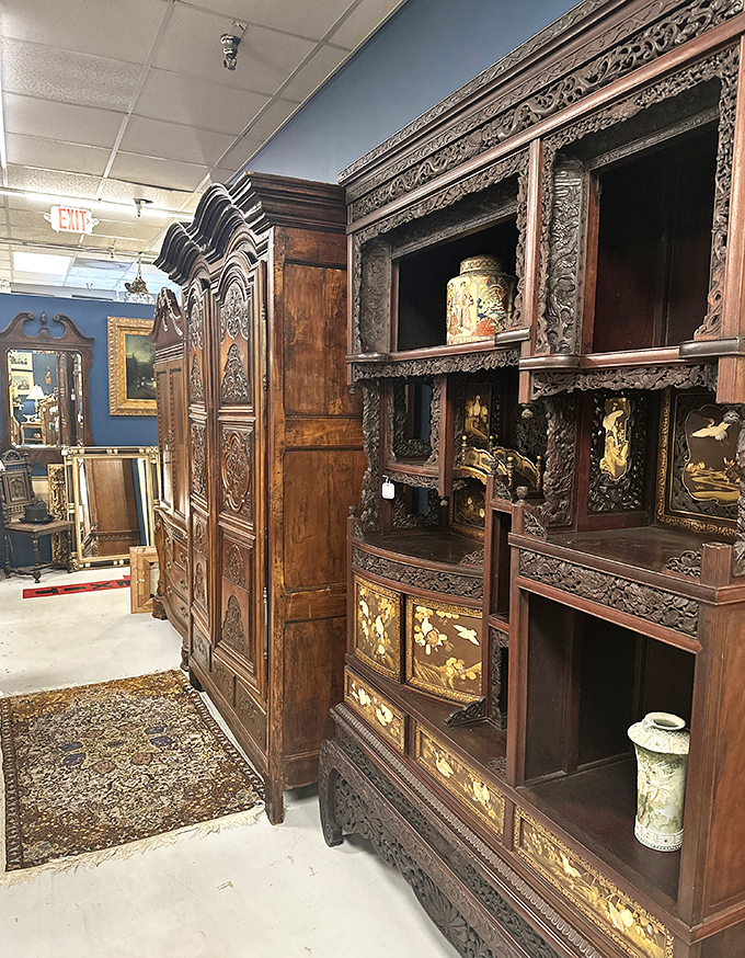Intricate woodwork that showcases extraordinary craftsmanship. This Japanese cabinet is architectural poetry carved in mahogany.