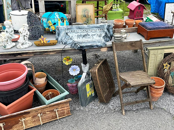 A still life painting titled "Grandma's Attic Meets Pinterest." That weathered chair has witnessed more history than most history books.