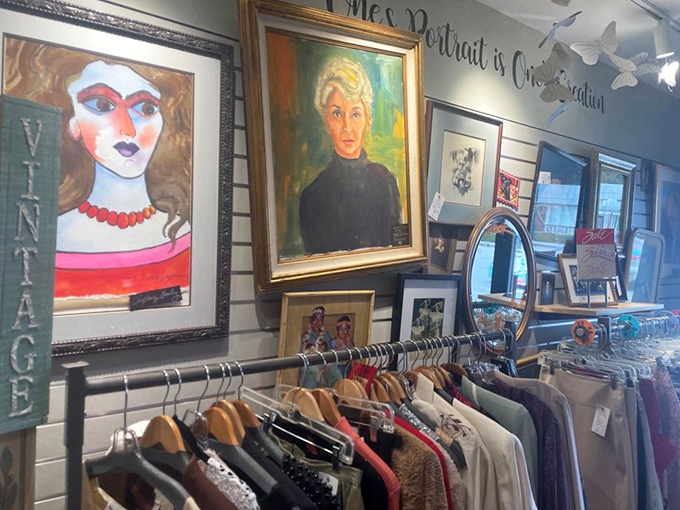 The vintage art section: where someone else's grandmother's portrait becomes your ironic wall statement or genuine design inspiration.