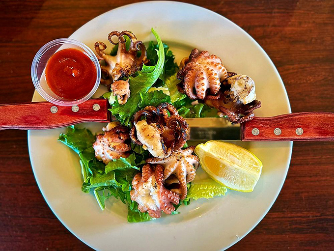 BBQ baby octopus on wooden skewers proves that eight arms are better than two when it comes to delivering flavor.