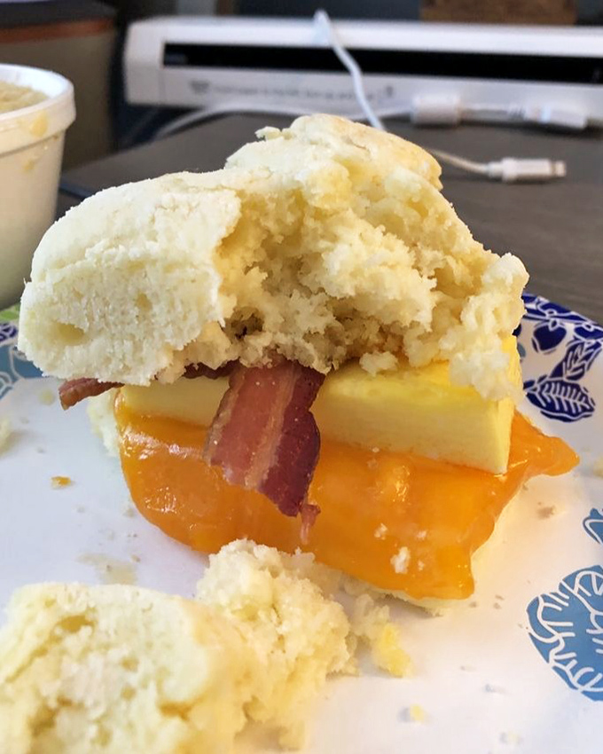 The architecture of this breakfast sandwich deserves its own blueprint. Note the structural integrity of that biscuit foundation.