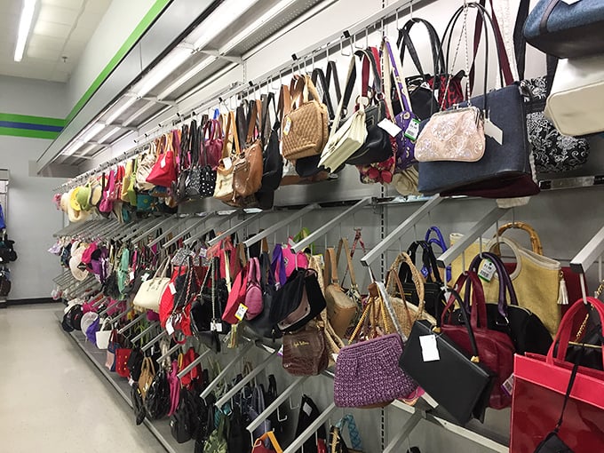 Handbags hang like colorful butterflies, each one carrying stories of adventures and shopping expeditions past.