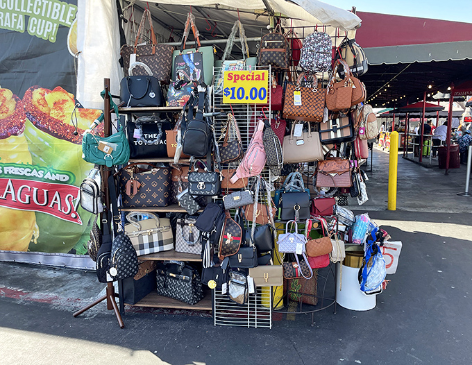 Designer-inspired handbags dangle temptingly, offering luxury looks without the wallet-crushing price tags attached.