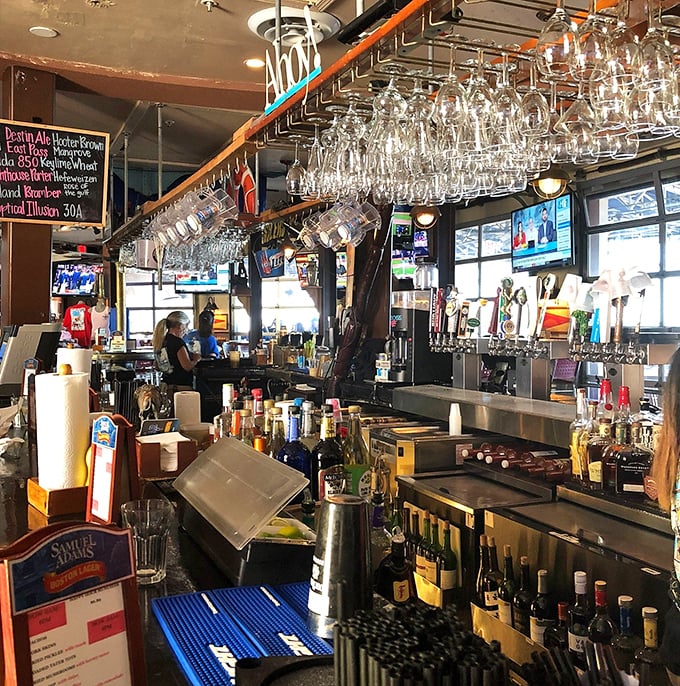 A well-stocked bar ready to provide liquid courage for those intimidated by cracking their first snow crab leg in public. 