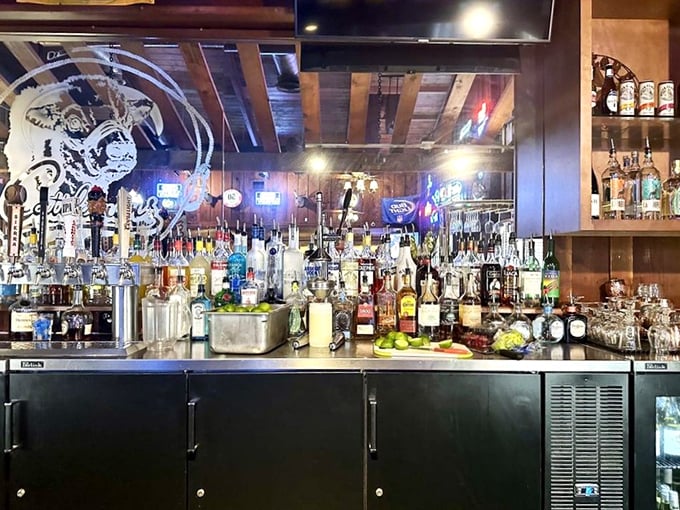 This isn't just a bar back wall&mdash;it's a library of spirits where bourbon and whiskey stand at attention, ready to complement your carnivorous experience.