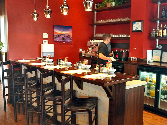 Bar seating: where solo diners can enjoy their breakfast while pretending to be sophisticated characters in an indie film.