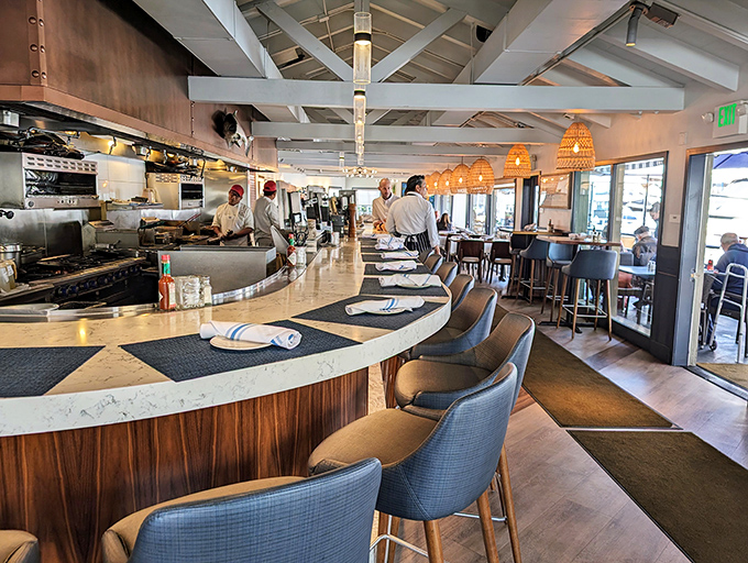 The open kitchen bar seating offers dinner and a show&mdash;watch culinary maestros transform ocean treasures into edible art.