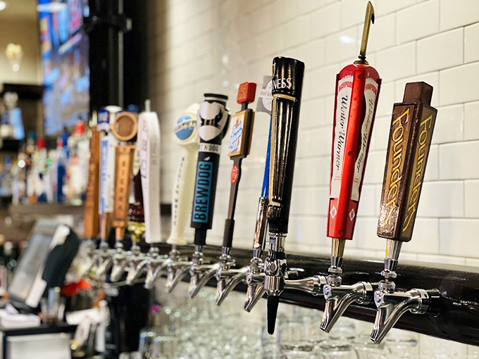 The beer tap lineup reads like a "who's who" of craft brewing, promising the perfect companion to whatever culinary delight you've ordered.