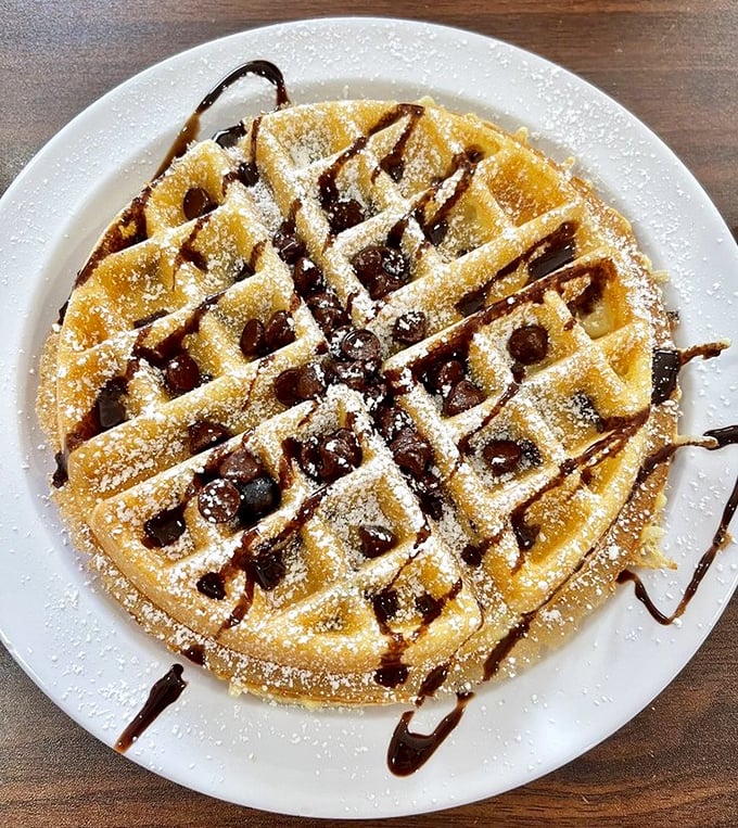 A Belgian waffle that makes you question why you ever bothered with frozen toaster versions. The drizzle of chocolate is pure showmanship.