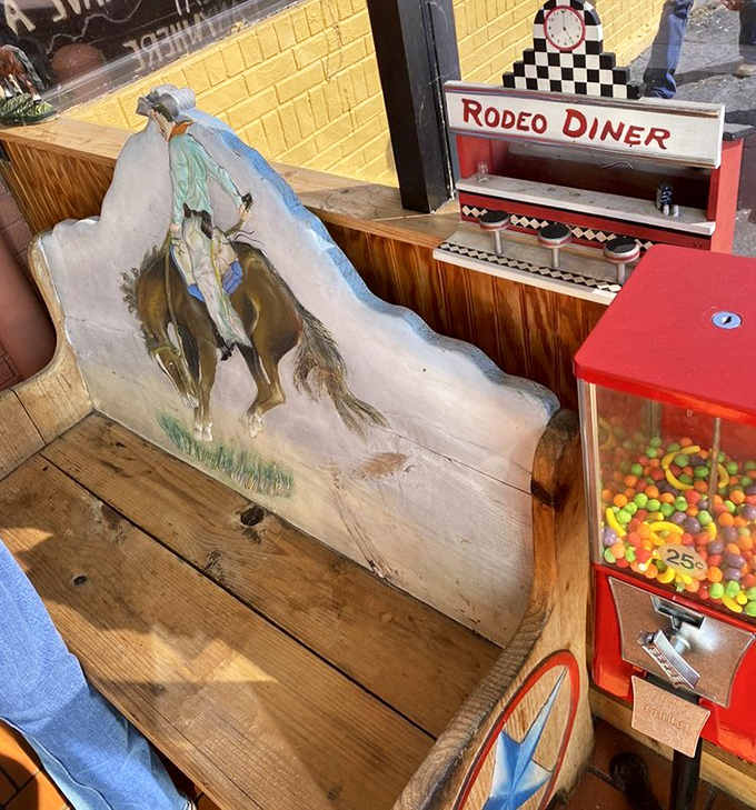 This hand-painted rodeo scene bench isn't just seating&mdash;it's a charming slice of Americana that sets the tone for your dining adventure.