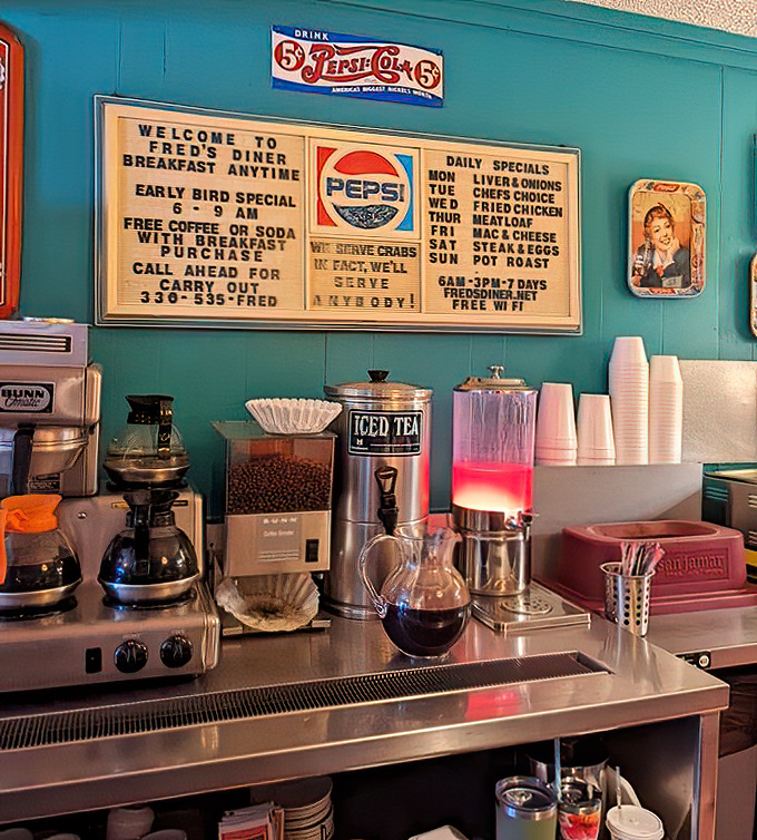 The coffee station&mdash;command central for Fred's morning operations. That vintage Pepsi sign reminds us some things get better with age.