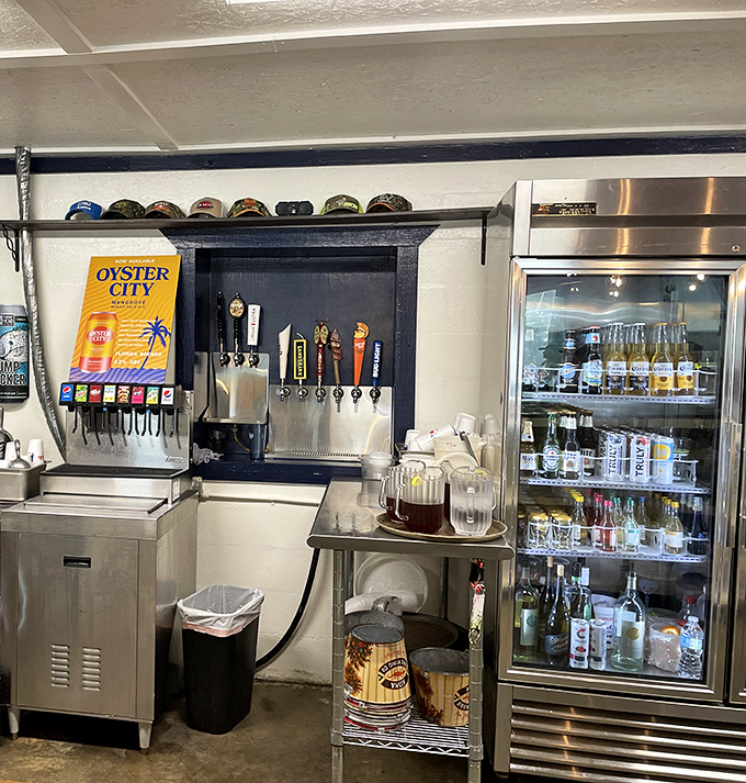 A beverage station that understands priorities: multiple beer taps, sweet tea at the ready, and cold drinks for hot Florida days.