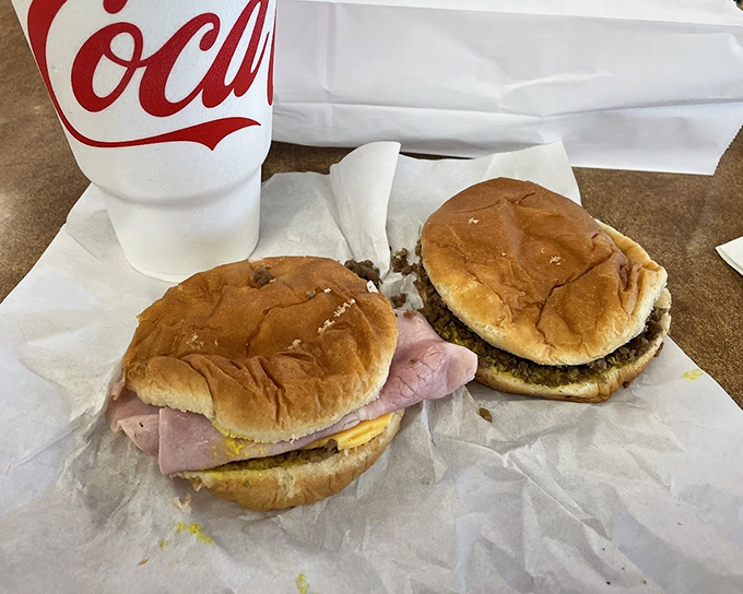 The dynamic duo: a classic Maid-Rite alongside its fancier cousin with ham. Like Batman and Robin, but edible and more satisfying.