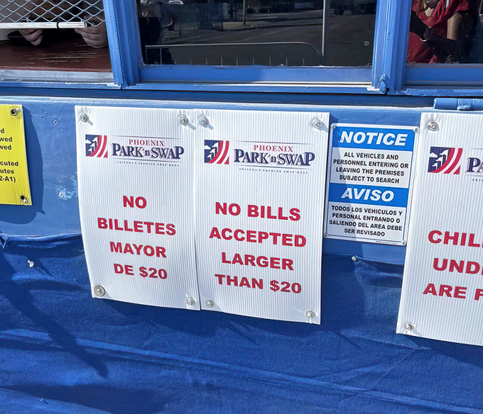 The universal language of commerce spelled out clearly: no bills over $20, a rule that's probably saved countless early-morning math headaches.