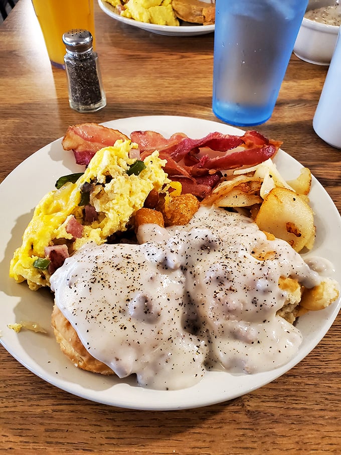 Biscuits and gravy: the breakfast that hugs you from the inside. Those scrambled eggs and bacon are just bonus points in this morning masterpiece.