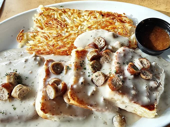 Biscuits and gravy that could make a Southern grandmother weep with joy and maybe a little envy.