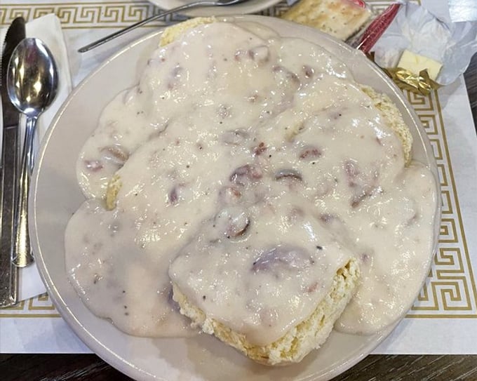Biscuits drowning happily in creamy sausage gravy. If comfort food had a poster child, this plate would be it&mdash;Southern hospitality served California-style.