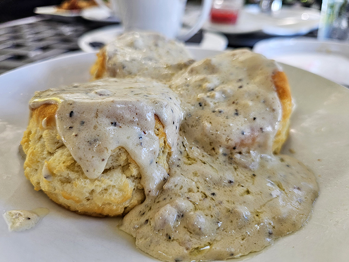 Biscuits smothered in gravy that could make a grown person weep with joy. Comfort food that wraps around you like a warm hug.