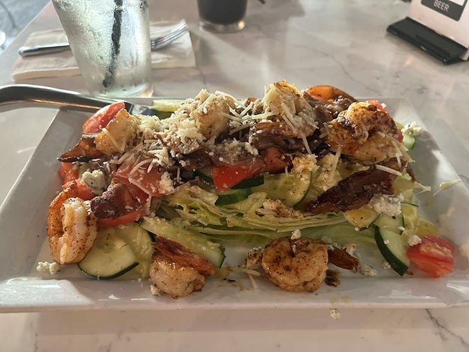This isn't just a salad—it's proof that Engine No. 9 can make vegetables exciting by adding perfectly blackened shrimp and generous cheese.
