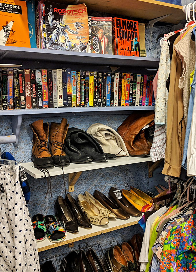 Vintage boots and paperbacks create the perfect corner for anyone who wants to both read Elmore Leonard and dress like his characters.