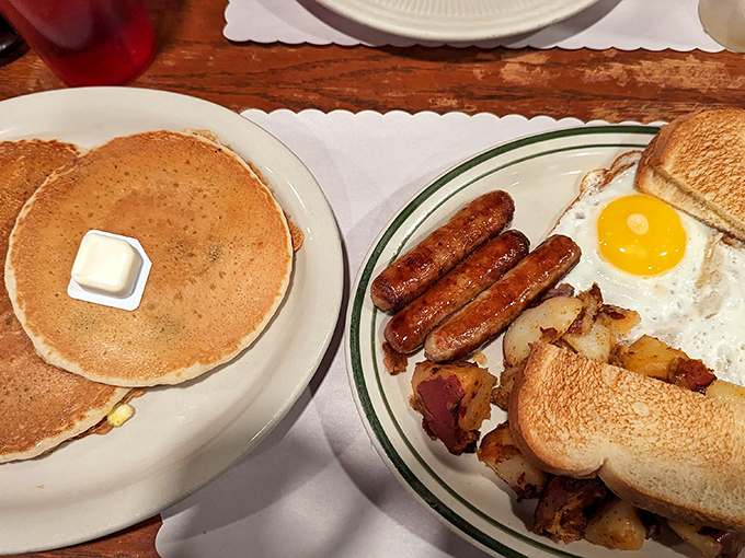 The breakfast plate that says "good morning" in the universal language of pancakes, sausage, eggs, and potatoes.