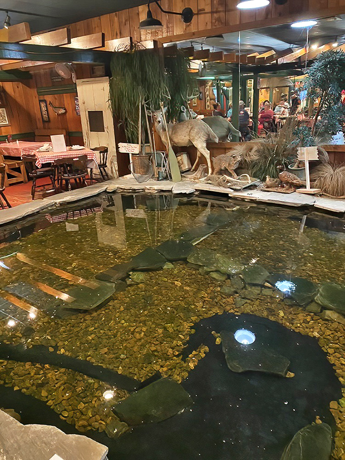 An indoor pond complete with taxidermied wildlife creates an immersive dining backdrop that's part natural history museum, part delicious restaurant.
