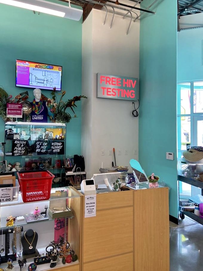 The checkout counter doubles as a free HIV testing center, making Out of the Closet not just a place for bargains but a vital community resource.