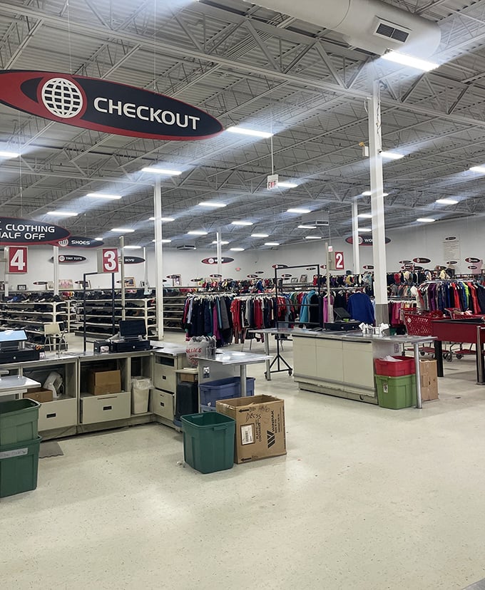Checkout lanes stand ready for the parade of cart-pushing victors who've conquered the thrift store battlefield with armloads of affordable finds.