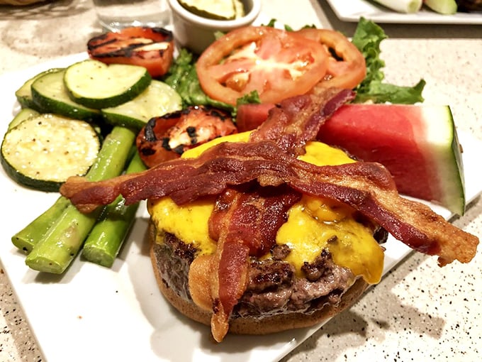 The burger that bridges breakfast and lunch&mdash;topped with melted cheddar and bacon strips that salute you with their crispness.