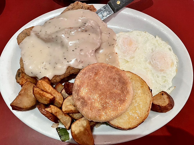 Chicken fried steak smothered in country gravy&mdash;comfort food that gives you a warm hug from the inside out.