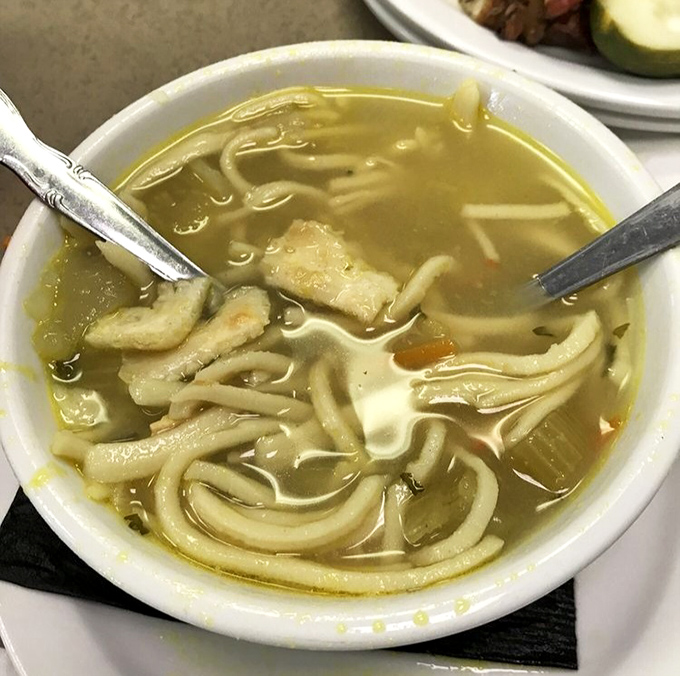 A bowl of chicken noodle soup that would make your grandmother nod in approval&mdash;clear broth, generous noodles, and comfort by the spoonful.