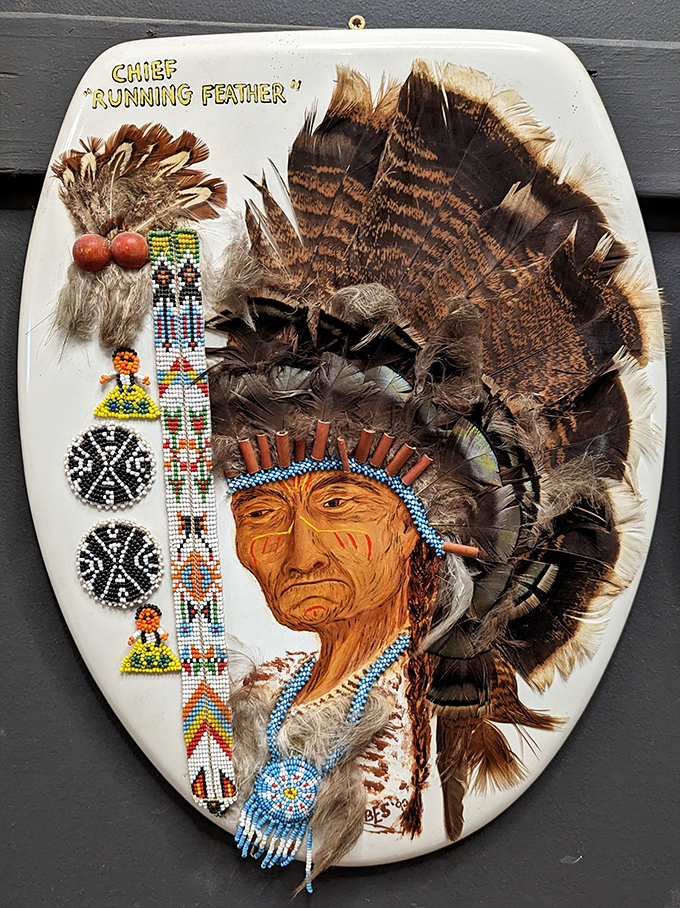 "Chief Running Feather" showcases intricate beadwork and feathers, demonstrating the museum's range from whimsical to culturally significant pieces.