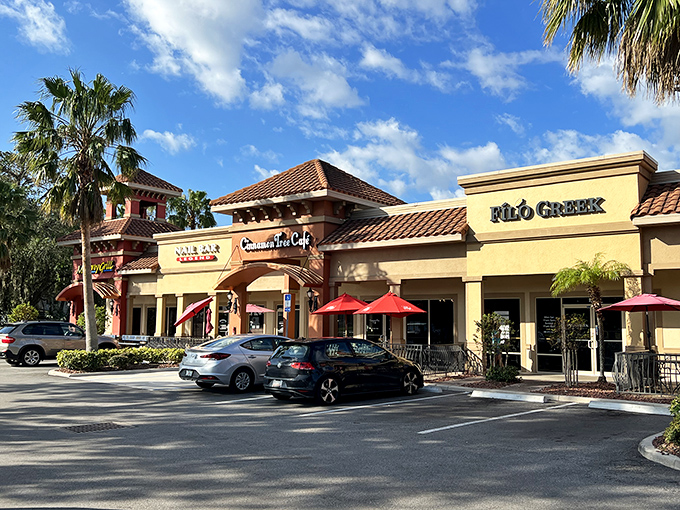 Strip mall dining at its finest&mdash;where red umbrellas beckon and the promise of air conditioning is almost as enticing as the menu.