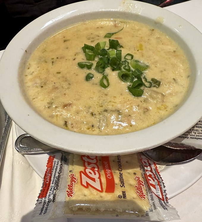 Clam chowder that would make a New Englander nod in approval. Creamy, hearty, and topped with green onions&mdash;comfort in a bowl with oyster crackers standing by.