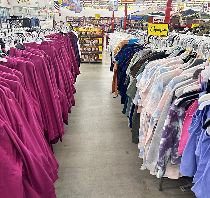The clothing corridor of dreams. Designer labels and everyday essentials hanging together in democratic, budget-friendly harmony.