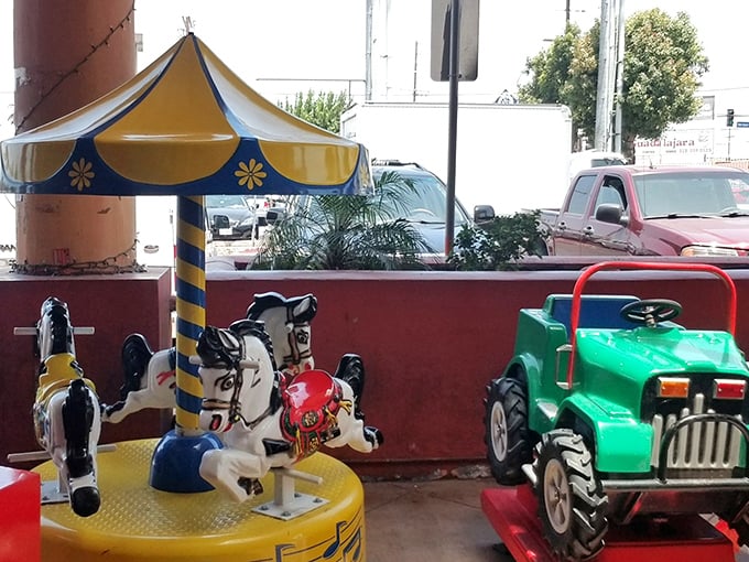 Vintage kiddie rides offer nostalgic fun for a few quarters. Parenting hack: cheaper than therapy for both child and inner child.