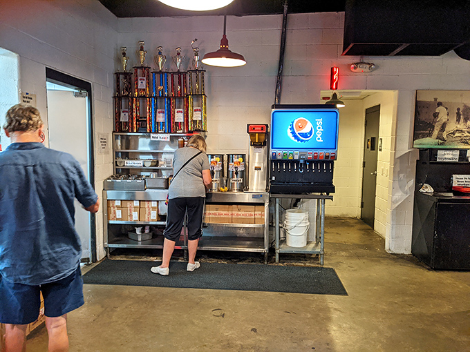Sweet tea and soda machines stand ready for duty&mdash;because fighting barbecue thirst requires serious reinforcements.
