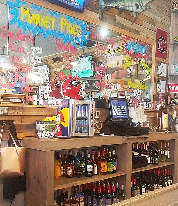 Bottles of liquor, Red Bull, and a wall of market-priced seafood make this bar counter the command center of flavor and fun.