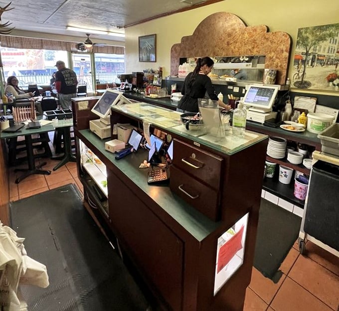 Where breakfast magic happens. The counter area serves as command central for orchestrating the symphony of eggs, pancakes, and those famous rolls.