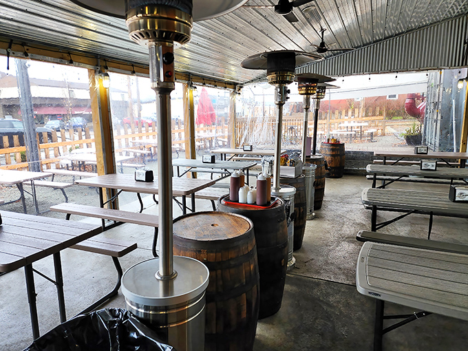 The covered patio: where barbecue happens rain or shine. Those heaters ensure your ribs stay warm, and so do you.