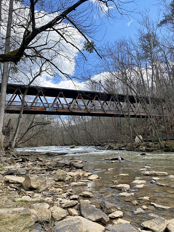 Engineering marvel meets natural wonder as this covered bridge spans the rushing waters below, connecting not just shores but eras.